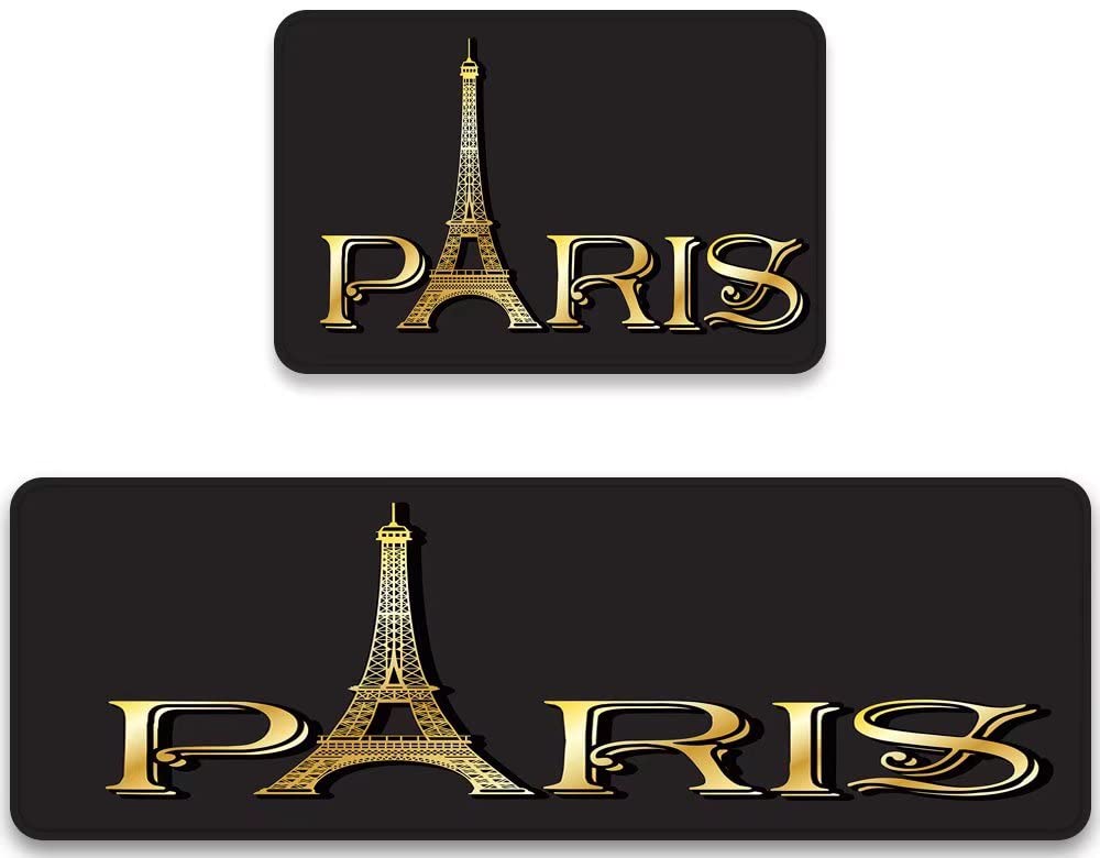 JILANGCA Paris Kitchen Rug Sets 2 Pieces Gold Eiffel Tower Floor Mats Vintage Drawn France Black Washable Doormat Anti Fatigue Non-Slip Area Runner Rugs Carpet for Bedroom 17.7*47.2+17.5*29.5inch
