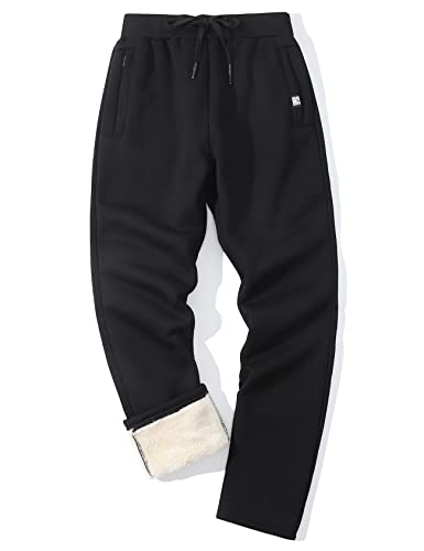 Flygo Men's Winter Warm Active Fleece Joggers Pants Athletic Sherpa Lined Sweatpants(02 Black-L)