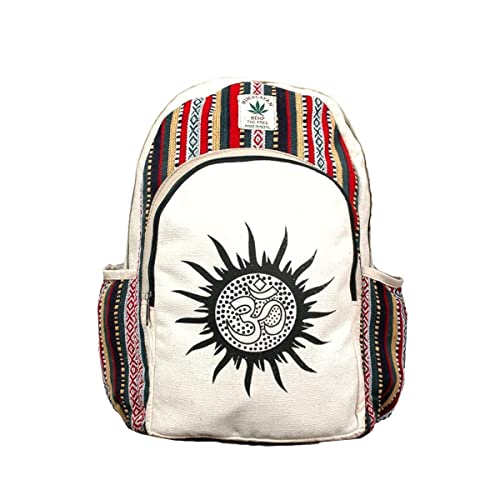 VIBRANIC Himalayan HEMP Laptop Backpack - THC Free - 13β/15β Laptop Compartment - All Natural Handmade - Multi-Pocket - Multi Stripe Om Print - Made in Nepal