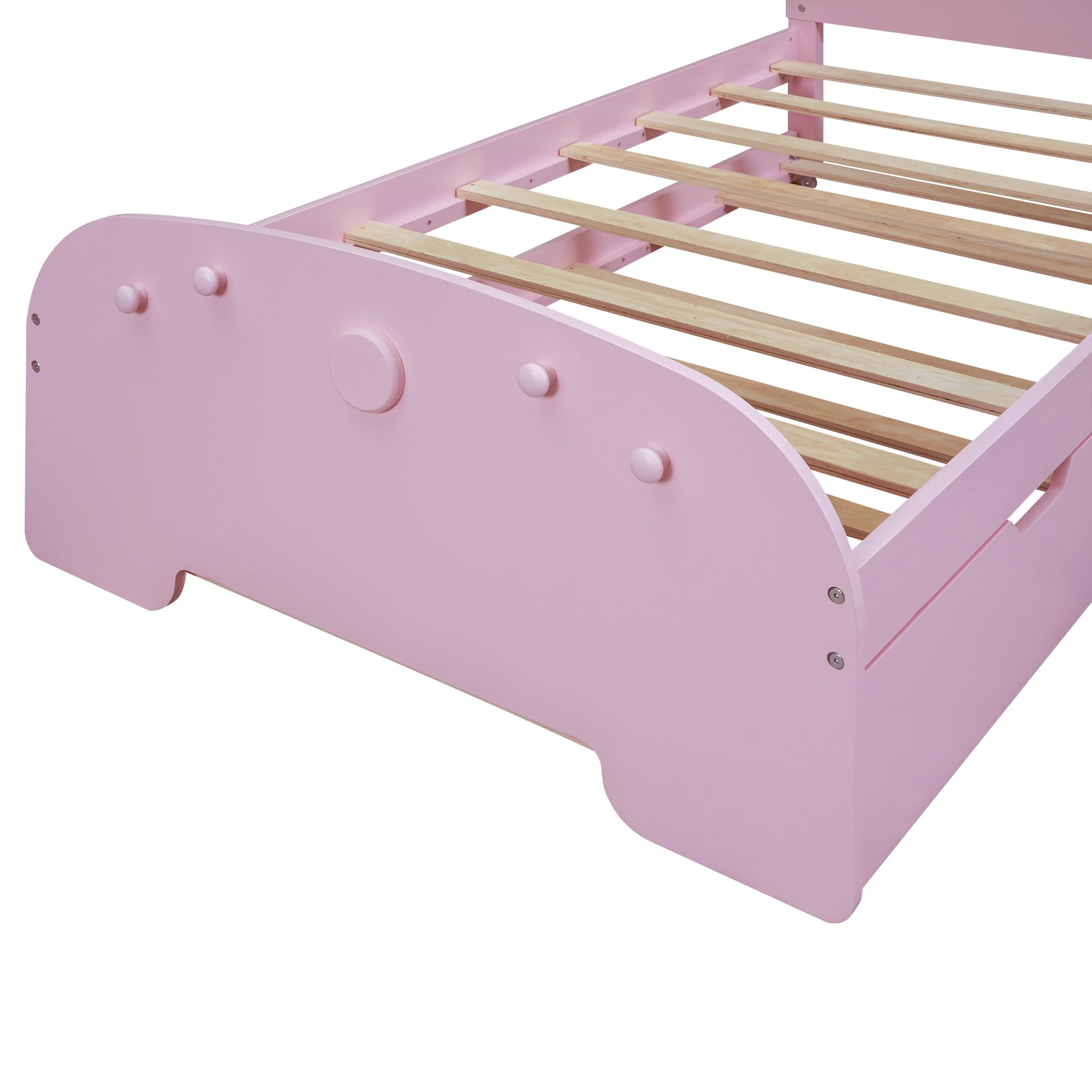 HABUHOME Wood Twin Size Platform Bed with Cartoon Ears Shaped Headboard and Trundle, Pink