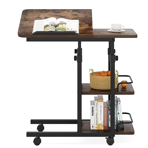 Tribesigns Height Adjustable C Table with Storage, Mobile Couch Snack Side Table with Tiltable Drawing Board, Sofa Bedside Table Laptop Rolling Cart for Bedroom, Living Room (Rustic Brown)