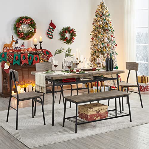 Yaheetech Dining Table Set for 6 Kitchen Table Set with Chairs and Bench 6 Piece Dining Set with 2 Storage Racks, Protective Foot Pads for Dining Room, Kitchen and Apartment, Drift Brown