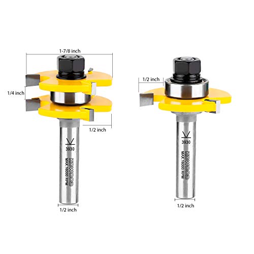 KOWOOD Tongue and Groove Set of 2 Pieces 1/2 Inch Shank Router Bit Set 3 Teeth Adjustable T Shape Wood Milling Cutter