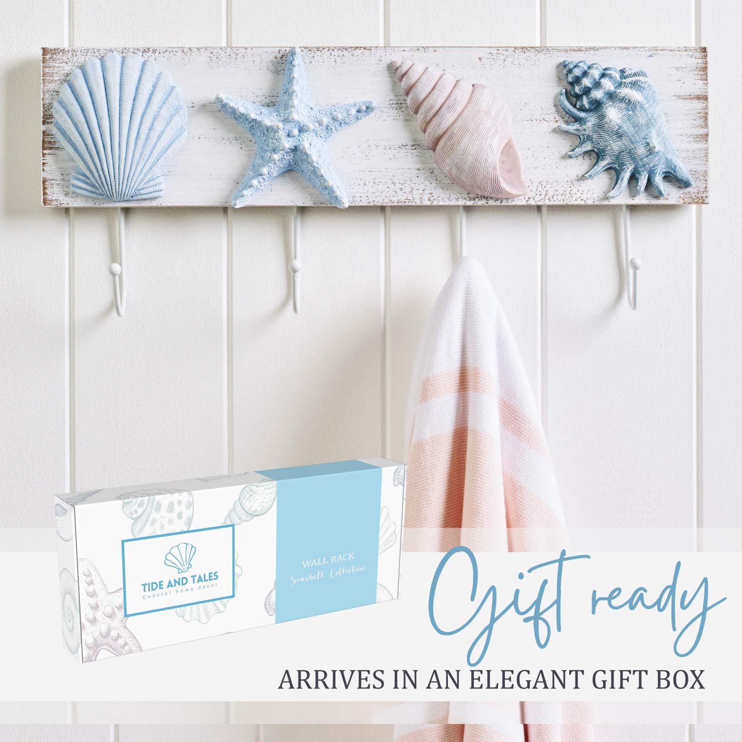 TideAndTales Beach Bathroom Decor 3D Seashell Wall Hooks Towel Rack for Coastal Bathroom, Bedroom or Kitchen - Shells and Starfish Beach Decorations for Home - Ocean Theme Beach House Decor