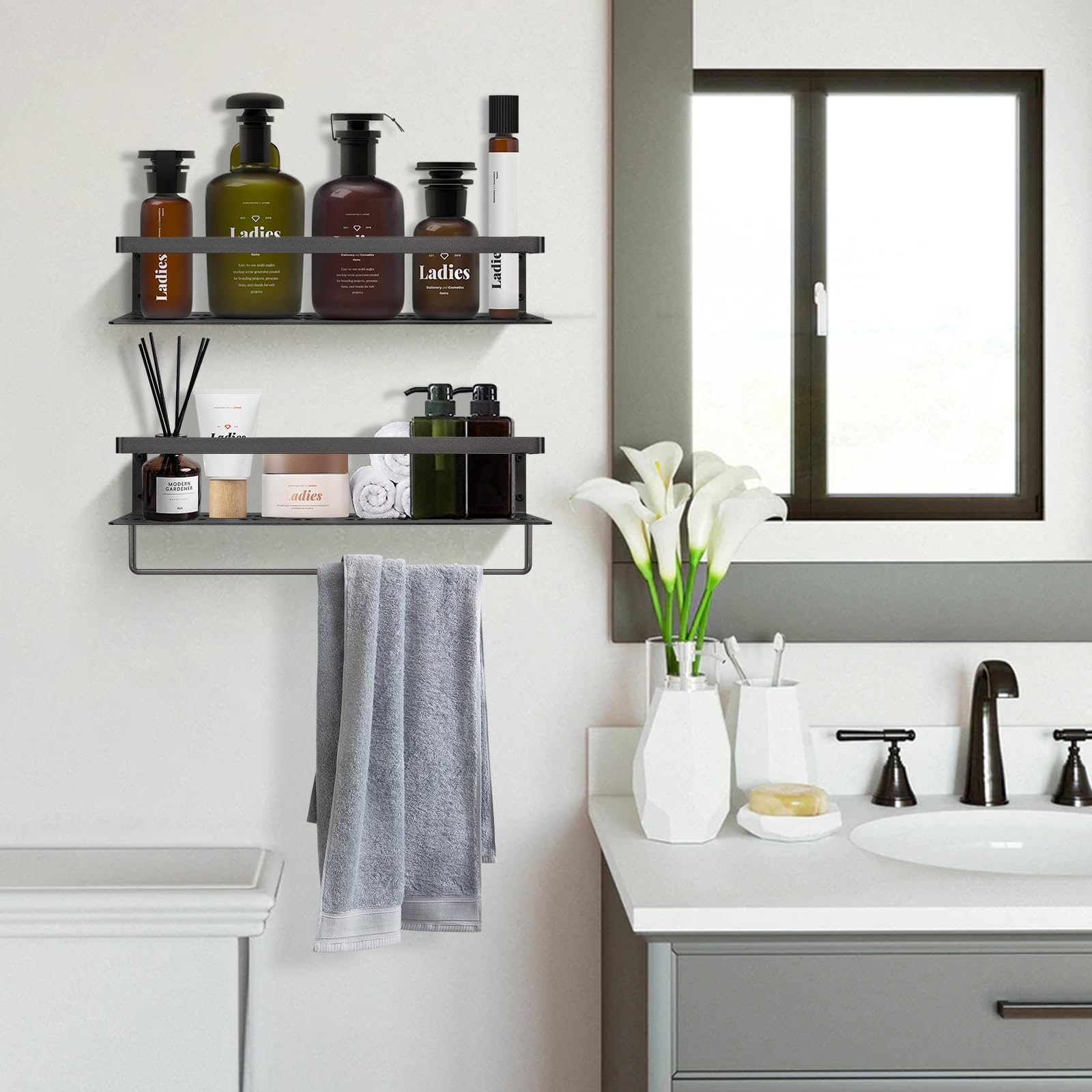Uten Floating Shelves, Wall Mounted Updated Space Aluminum Shelves Set of 2, Bathroom Storage Shelves with Towel Rack, Wall Hanging Organizer Shelf for Bathroom, Kitchen