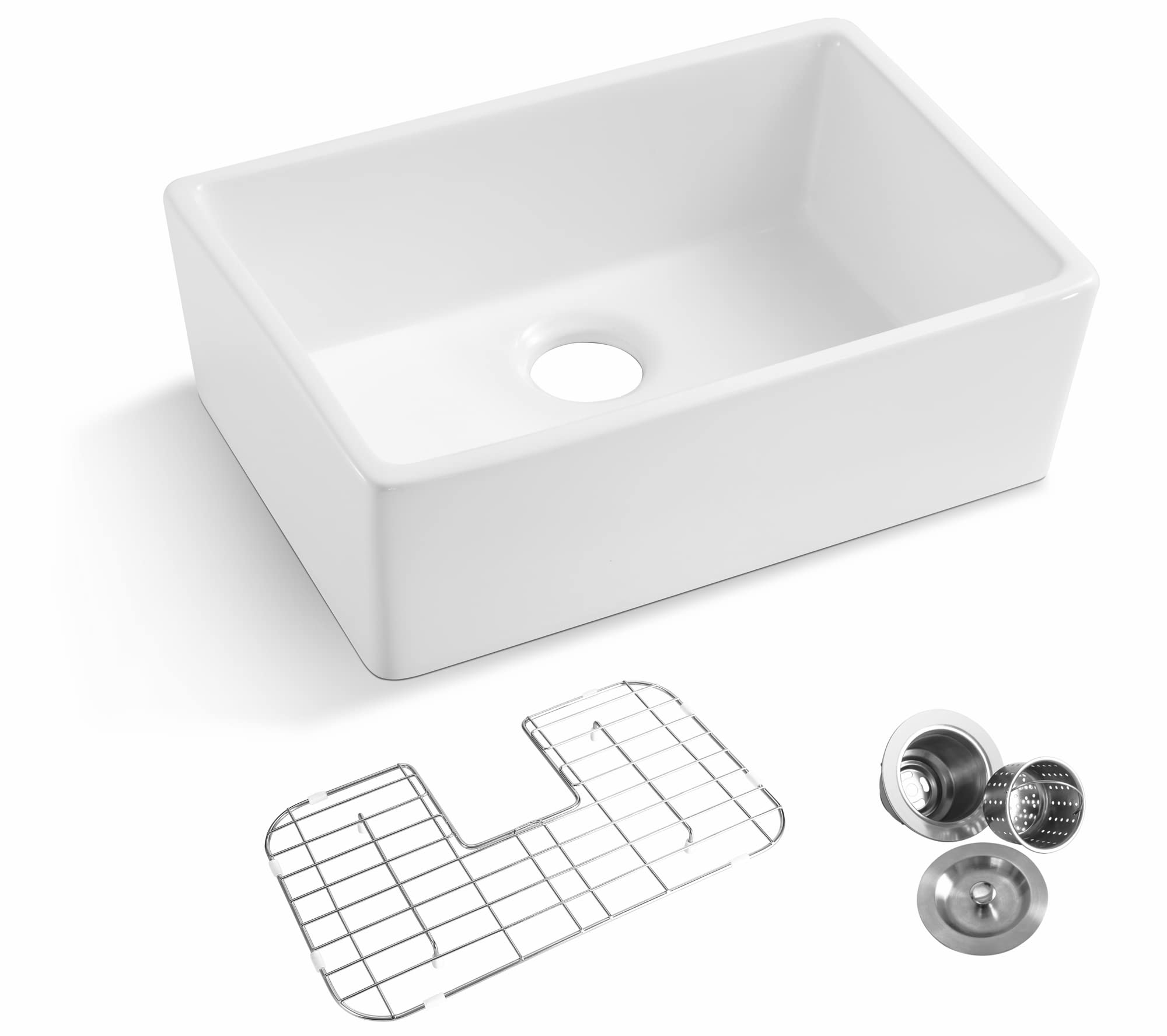 KARAMAG 24 Inch Farmhouse Kitchen Sink with Bottom Grid and Strainer, White Single Bowl Kitchen Sink Apron Front Ceramic Farm Sinks for Kitchens
