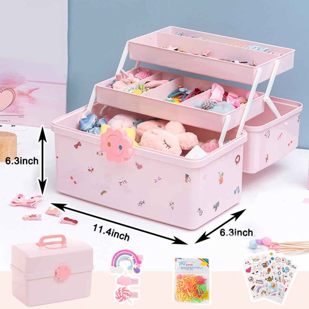 Srutirbo Hair Accessories Organizer for Girls,Portable 3-Layers Plastic Box with Fold Tray and Handle, Lockable Container for Art Supply, Makeup, Nail, Hair Accessories