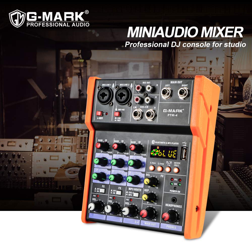 G-MARK PTM-4 4-Channel DJ Mixer, Bluetooth, USB Audio Interface, 3-Band EQ, Phantom Power, for PC, Karaoke, Live Performance, KTV, Studio Recording