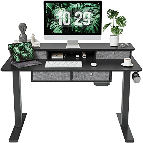 FEZIBO 48 x 24 Electric Standing desk Adjustable Height with 4 Drawers, Sit Stand Desk with Storage Shelf, Rising Desk with Splice Board, Black Frame/Rustic Brown Top, 48 inch