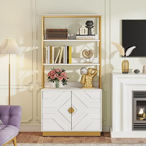 Tribesigns White and Gold Bookshelf with Doors: 70.9 Inches Tall Etagere Bookcase with 3 Shelves 2 Cabinets, Modern Open Display Book Shelves with Metal Frame for Living Room Bedroom Office