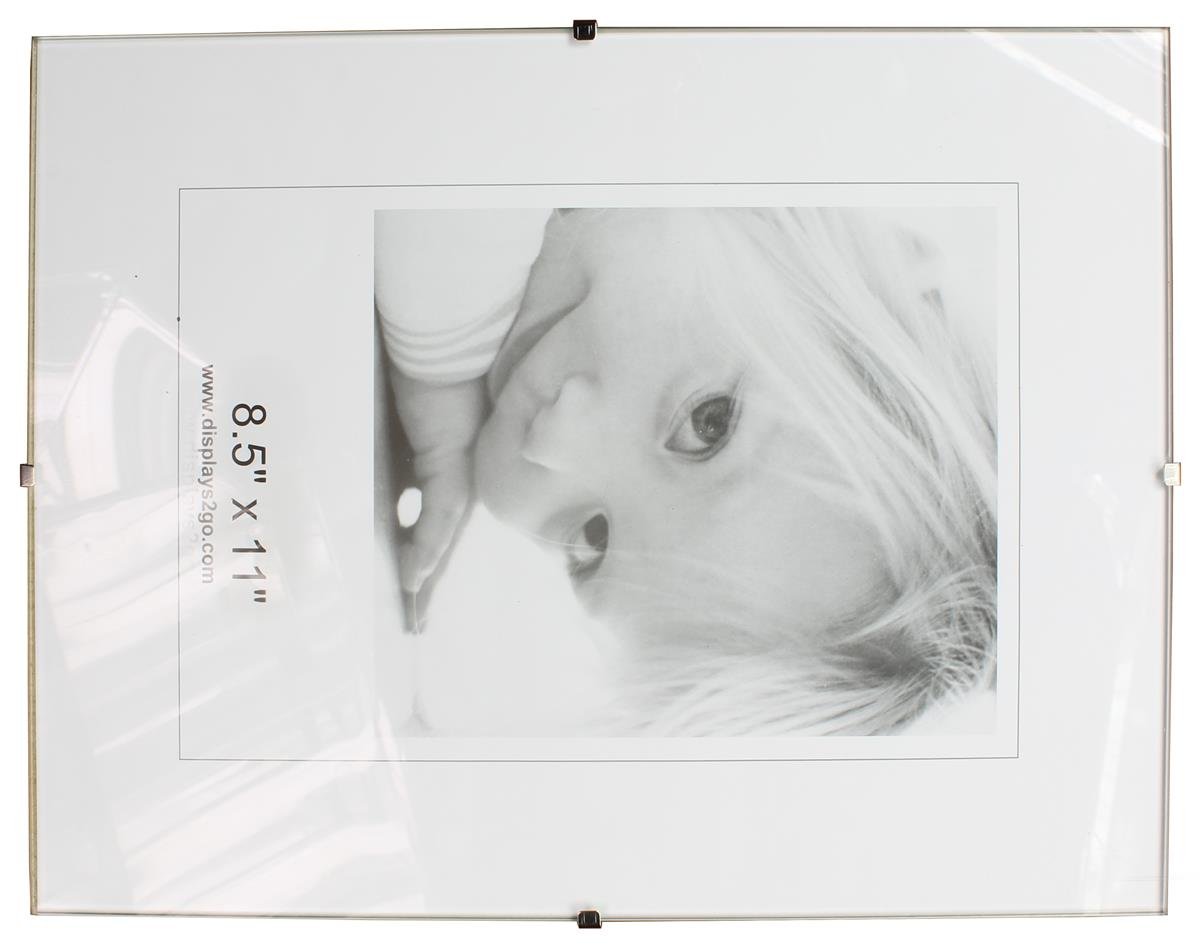 Displays2go 8-1/2 x 11 x 1/4-Inch, Tempered Glass Frameless Clip Picture Frame For 8-1/2 x 11-Inch Documents, Wall-Mounted - Sold In Sets Of 6