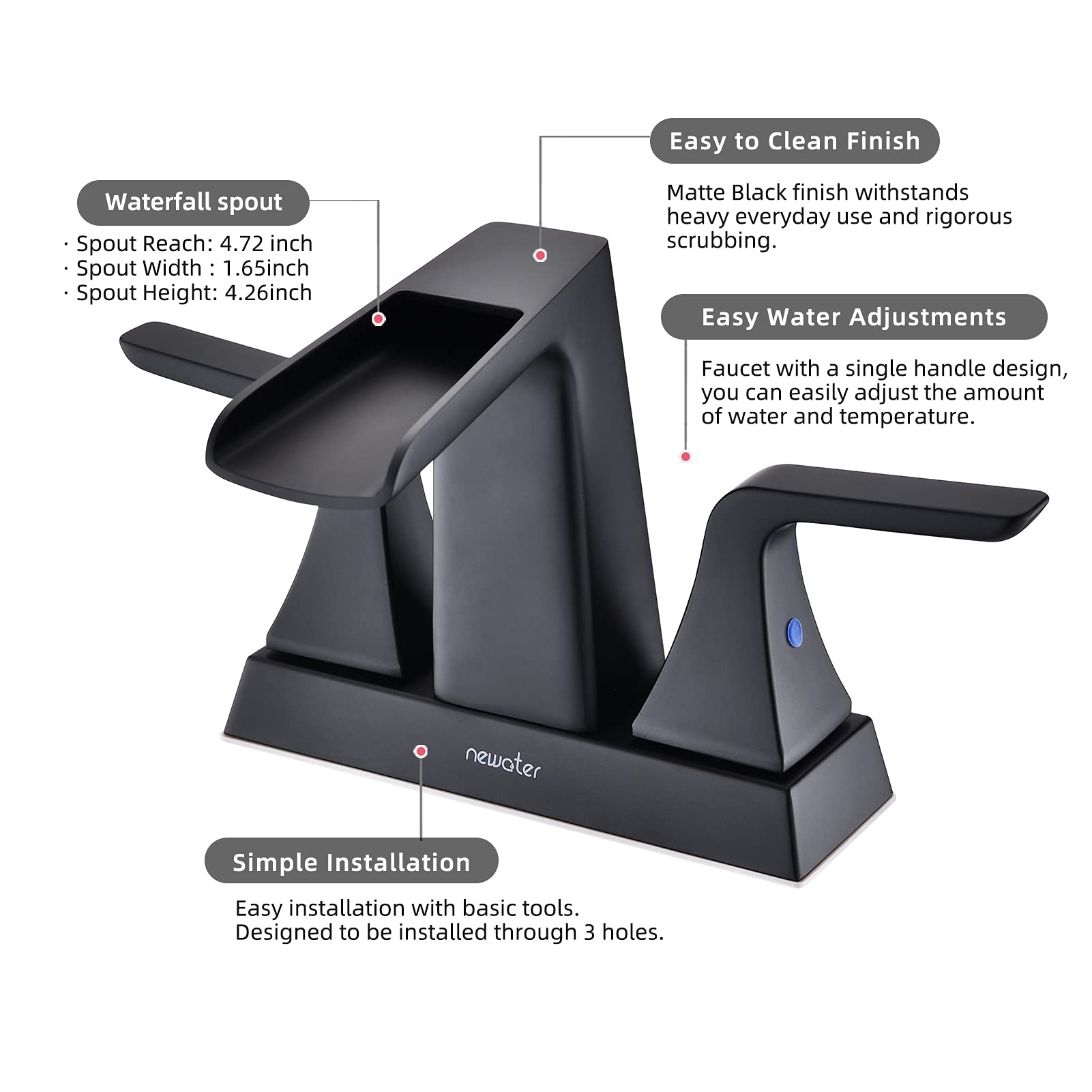 NEWATER 2-Handle Waterfall Brass Bathroom Sink Faucet 4-Inch Centerset 2-3Hole RV Modern Bath Vanity Faucets Mixer Tap Deck Mounted with Metal Pop Up Drain & Supply Lines,Matte Black