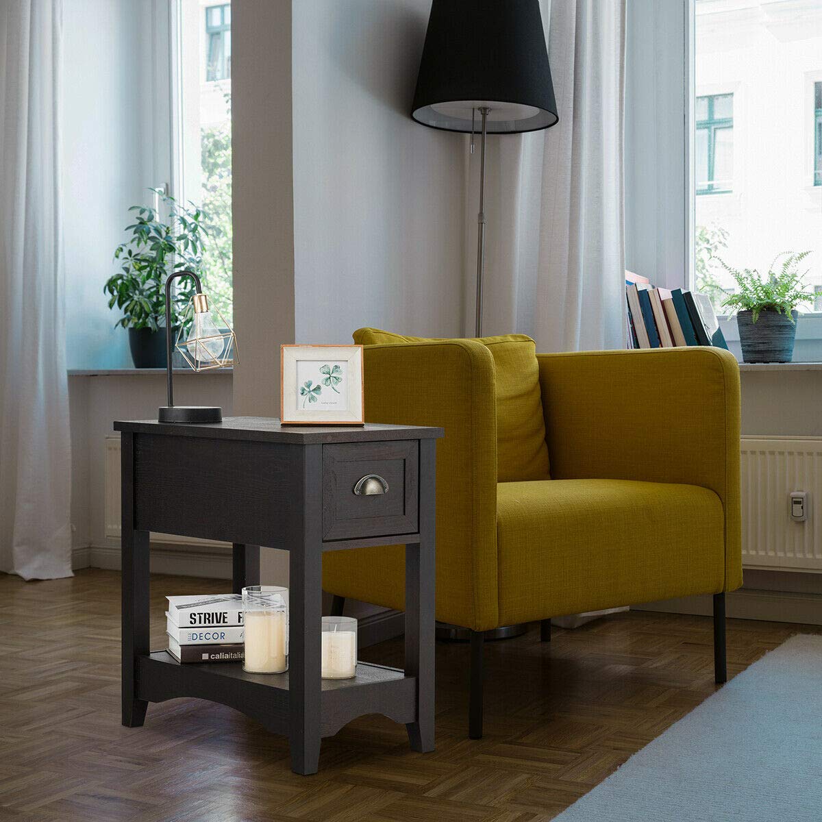 Giantex End Table with Drawer, Retro Narrow Side Table, Nightstand with Solid Wood & Stroage Shelf, Bedside Table for Living Room Bedroom Small Space Home Office (2, Espresso)