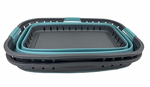 SAMMART 44L (11.6 gallon) Collapsible Plastic Laundry Basket-Foldable Pop Up Storage Container-Portable Washing Tub- pace Saving Hamper, Water Capacity: 35L (9.2 gallon) (Grey/Crystal Blue (Set of 2))