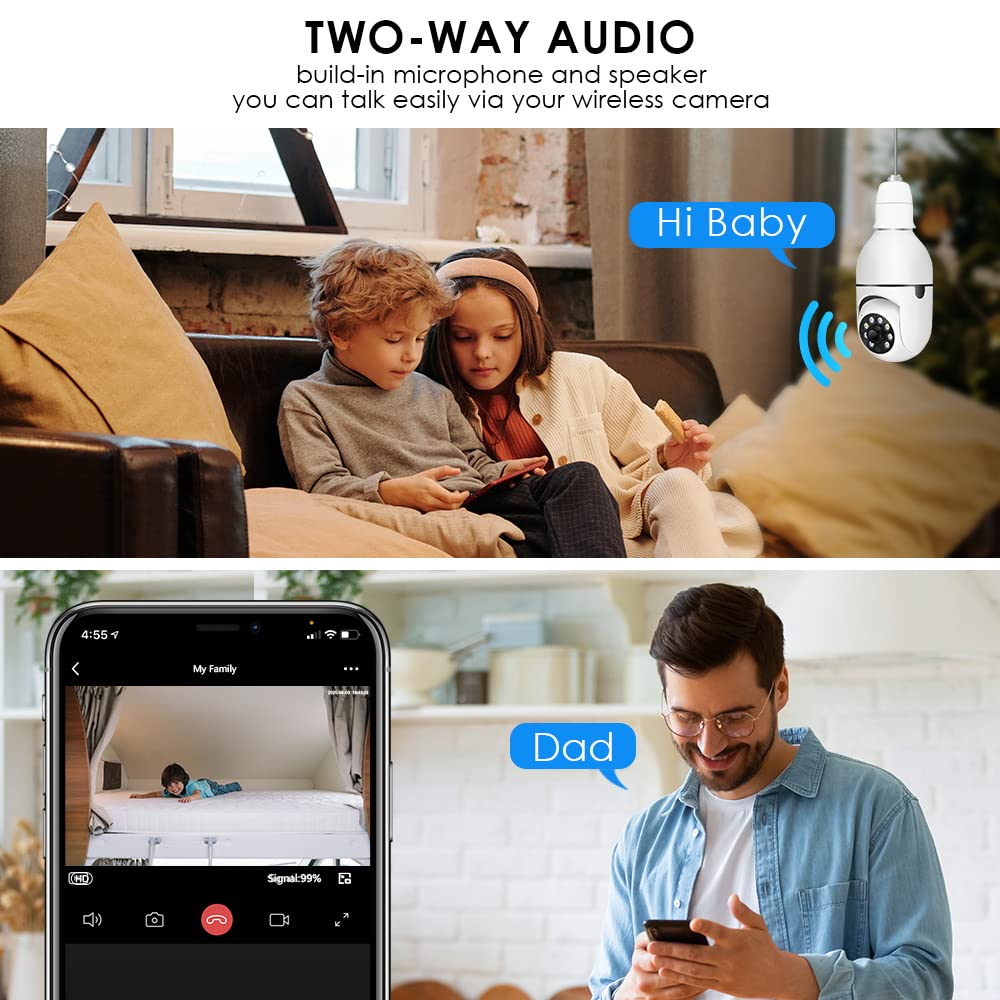 Eversecu 1080P 2.0MP Wireless Light Bulb PTZ Security Camera with E27 Connector, Motion Auto Tracking, Two Way Audio, Night Vision, Tuya Smart Life App WiFi IP PTZ CCTV Camera (2 Pack)