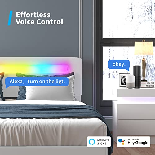 Mjkone LED Bed Frame King Size with Adjustable LED Lights Headboard Upholstered Platform Bed with 4 Storage Drawers, Smart Bed Compatible with Alexa&Google, No Box Spring Needed, Easy Assembly,White