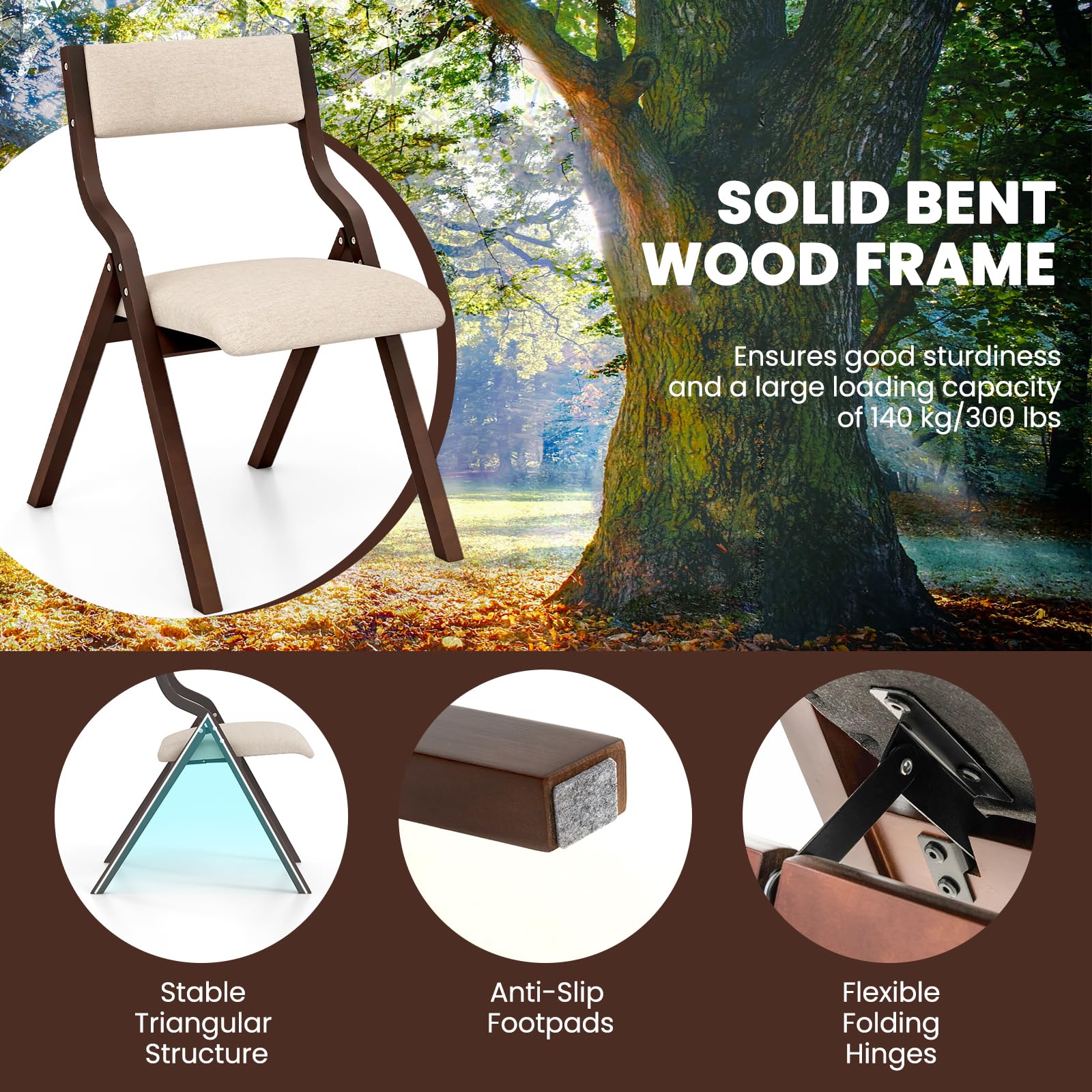 Giantex Folding Dining Chairs Set of 2, No Assembly Folding Chairs w/Linen Padded Seats, Wood Foldable Kitchen Chairs, Easy to Store Extra Event Chairs, Padded Folding Chair for Wedding Guests Party