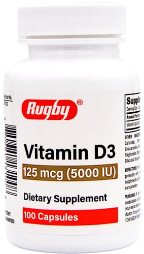 Rugby Vitamin D3 Dietary Supplement 125 mcg (5000 IU) - 100 Capsules