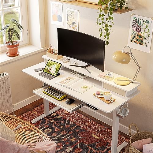 FEZIBO Height Adjustable Electric Standing Desk with Keyboard Tray, 55 x 24 Inch Stand Up Table with Storage Shelf, Sit Stand Desk, White Top