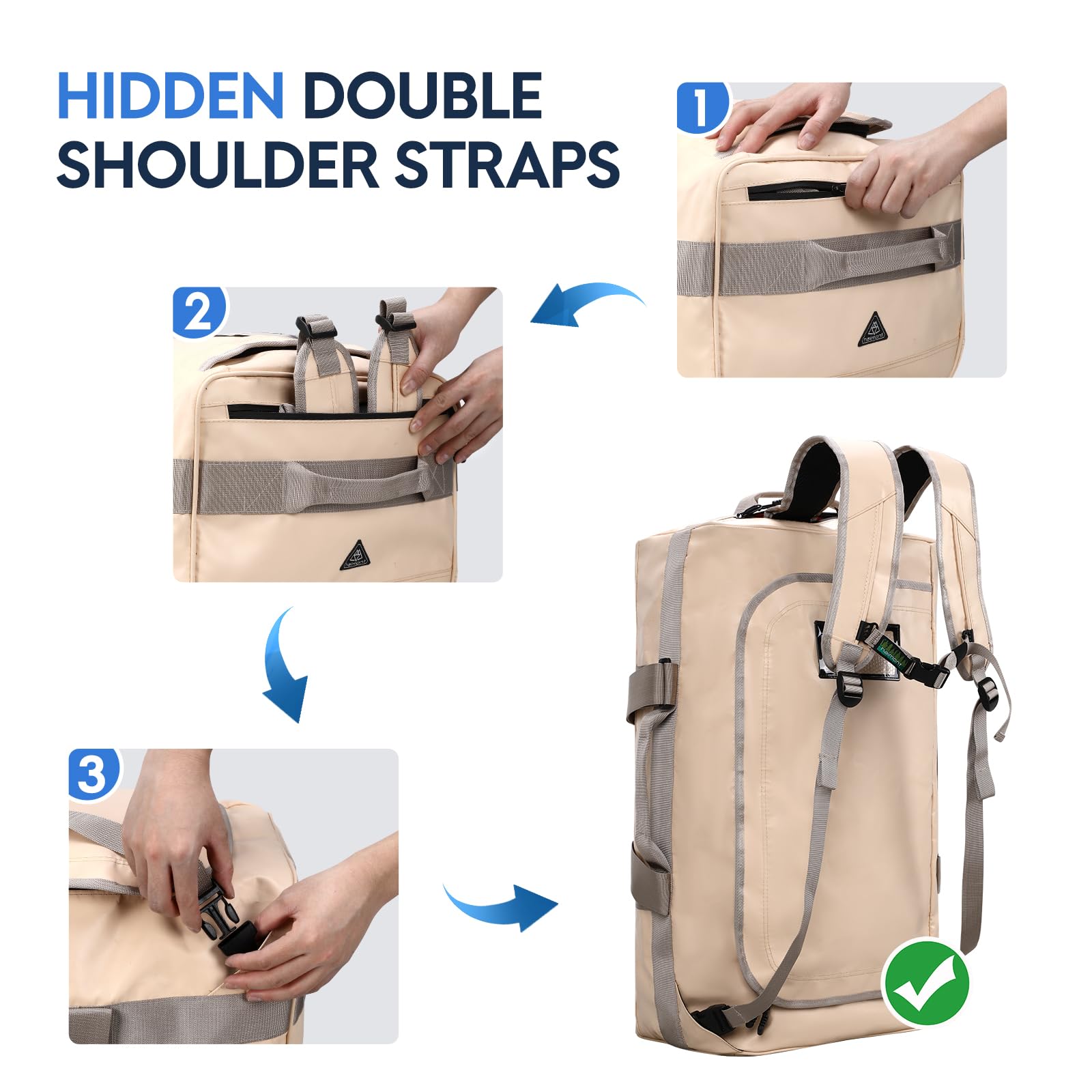 Haimont Large Sports Duffel Backpack Bag for Men, Travel Duffel Bags with Backpack Straps, Heavy Duty and Water Resistant, Beige,60L