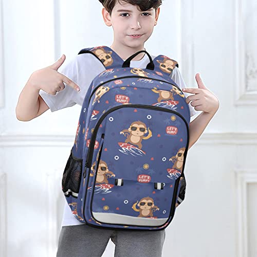 Vnurnrn Kids Backpack Surfing Monkey Print Big Storage Multi Pockets 17.7 IN School Backpack with Chest Buckle Reflective Strip for Boys Girls 6+ years in Primary Middle High School