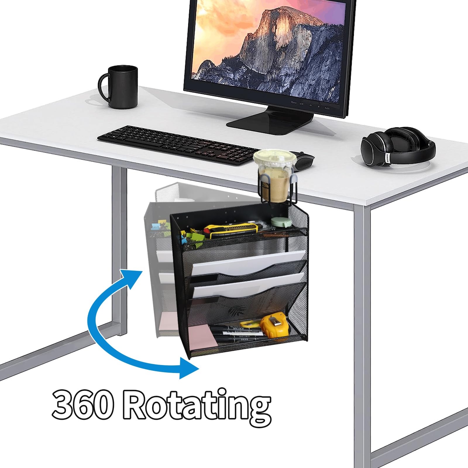 FIROK Rotating Under Desk File Holder with Cup Holder, Clamp on Under Table Drawer Hanging Desk Organizer desk shelf, Metal Document Folder Desk side storage for Office Supplies &Home Essentials