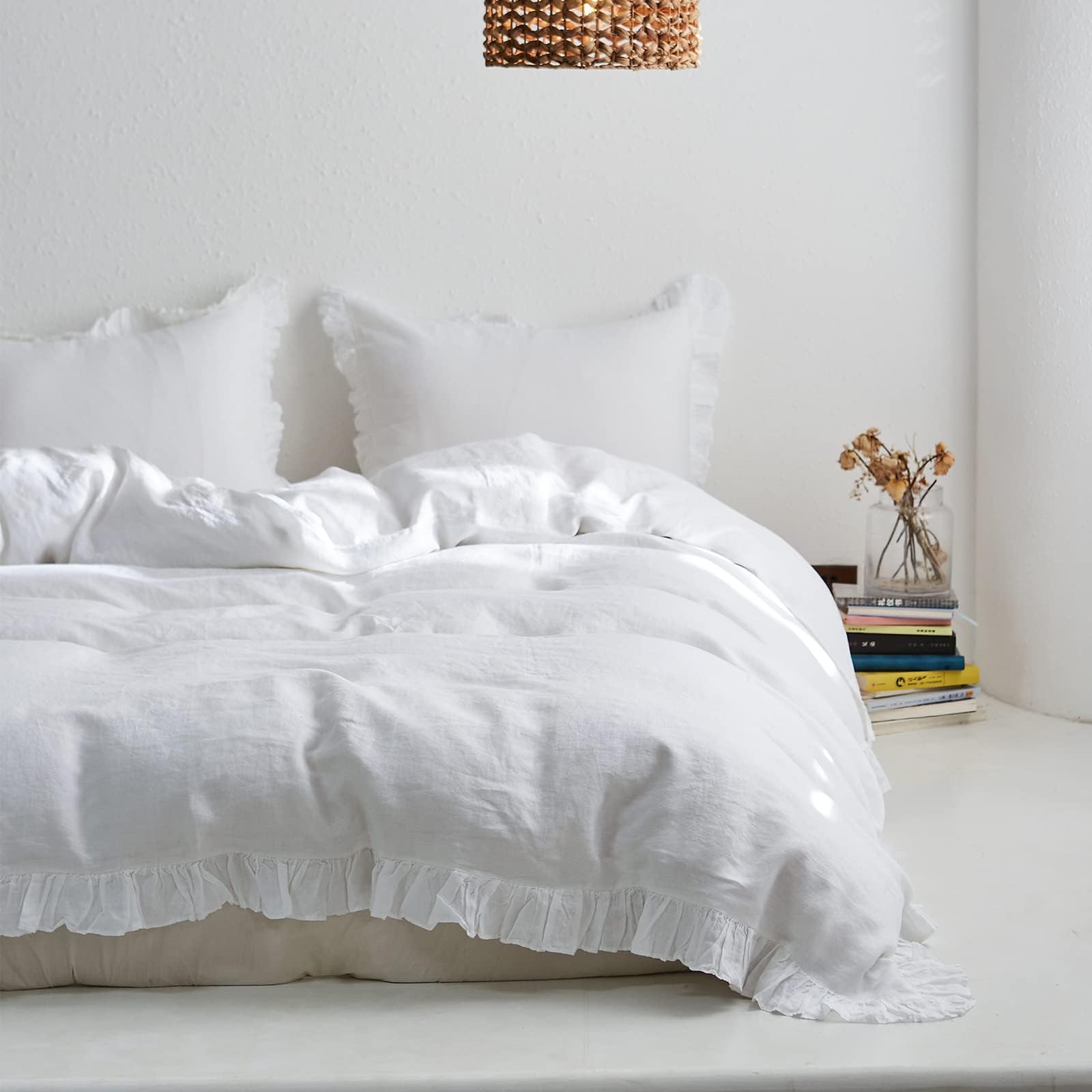 Simple&Opulence 100% Linen Duvet Cover Set, 3 PCS Natural French Flax White Ruffle Duvet Cover King Size, Breathable Comfy Linen Bedding Comforter Cover with 2 Pillowcases (White, 104"X92")