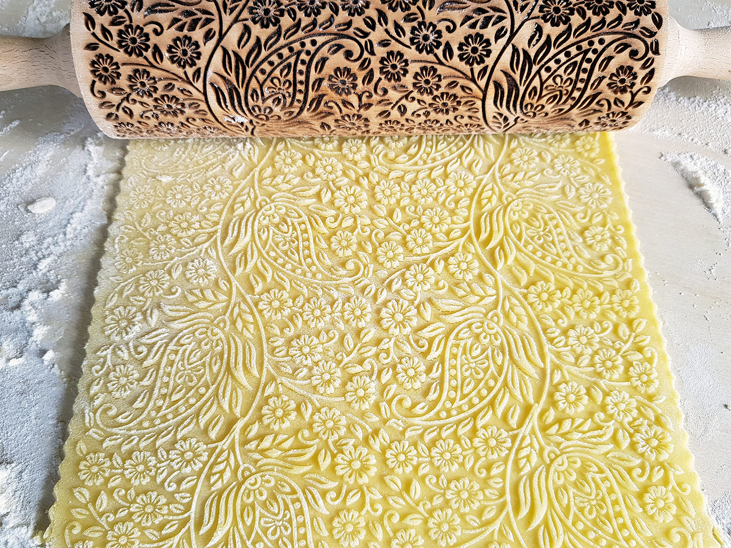 KASHMIR pattern Embossed Rolling Pin. Engraved Dough Roller with Paisley for Embossed Cookies and Pottery by Algis Crafts