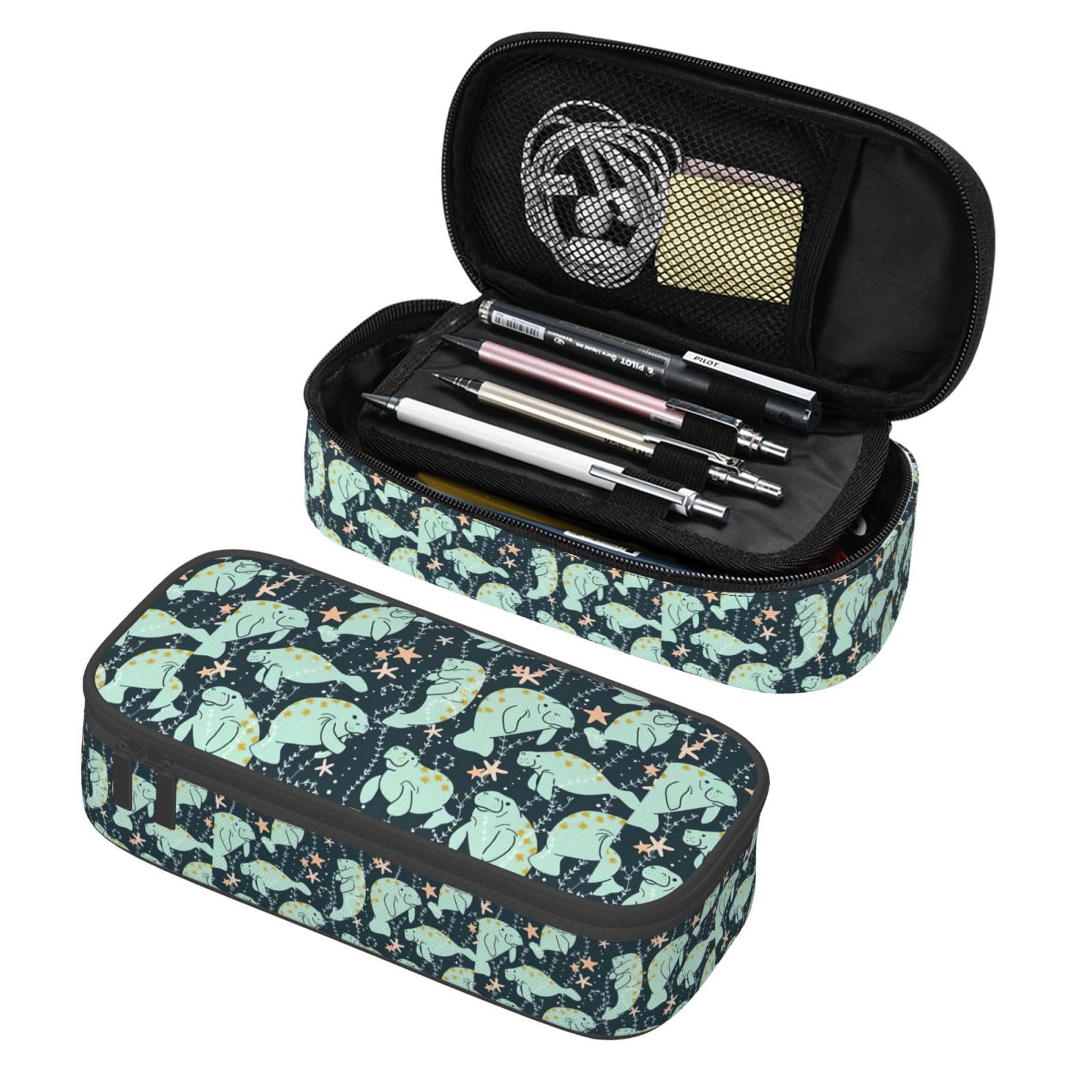 QHWLR Manatee Animals Calf print Pencil Case Large Capacity Pen Pouch for interlayer Adults Cosmetic Bag Supplies , Black