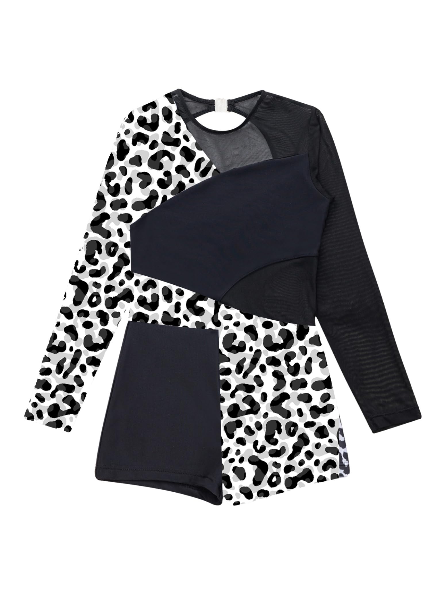 Haitryli Kids Girls One Piece Print Dancewear Long Sleeve See-through Mesh Patchwork Gymnastic Leotard Black 12 Years