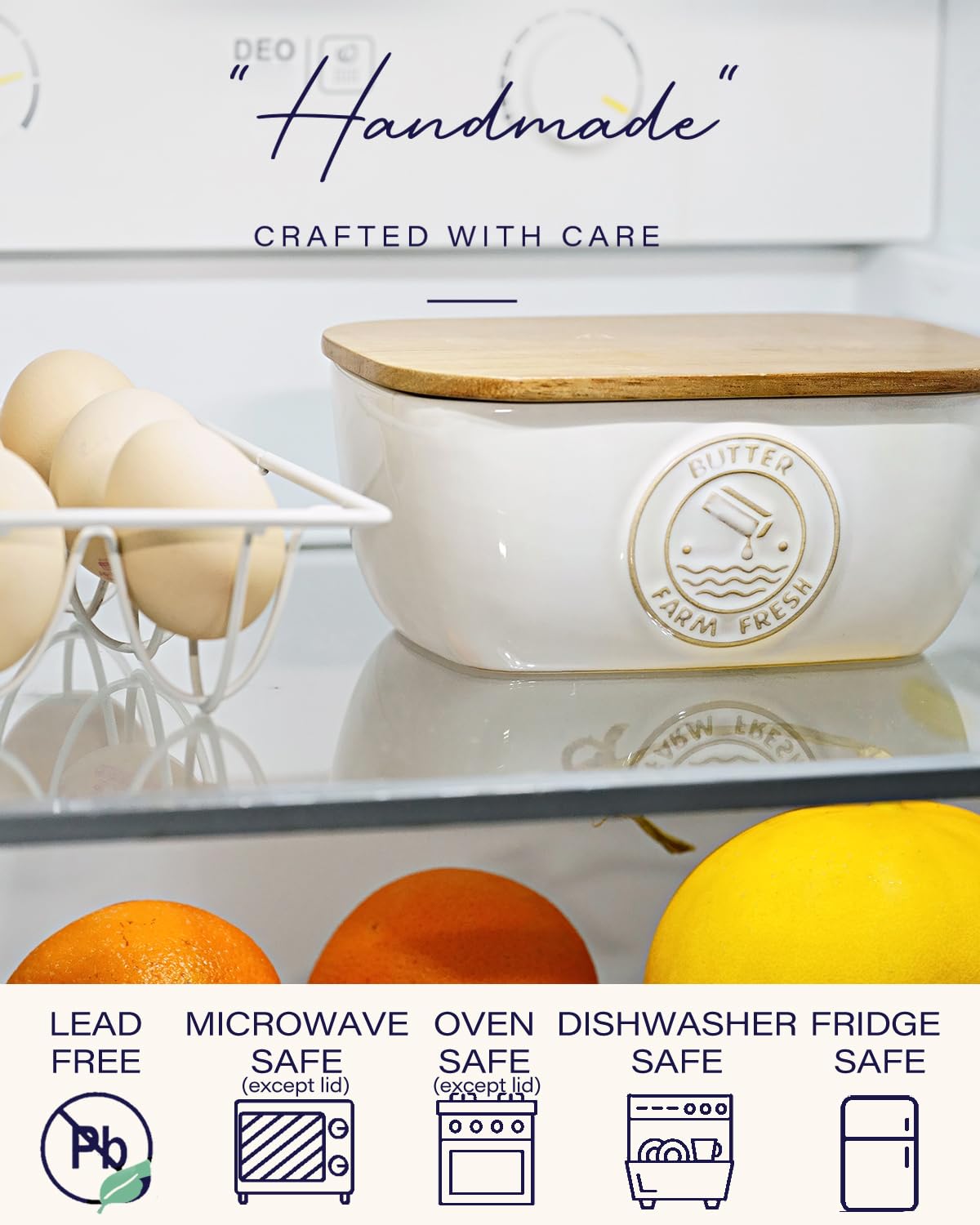Getstar Ceramic Butter Dish with Acacia Lid for Countertop, Silicone Sealing, Farmhouse Kitchen Counter Decor, Large Butter Keeper Container (6.5βx4β)