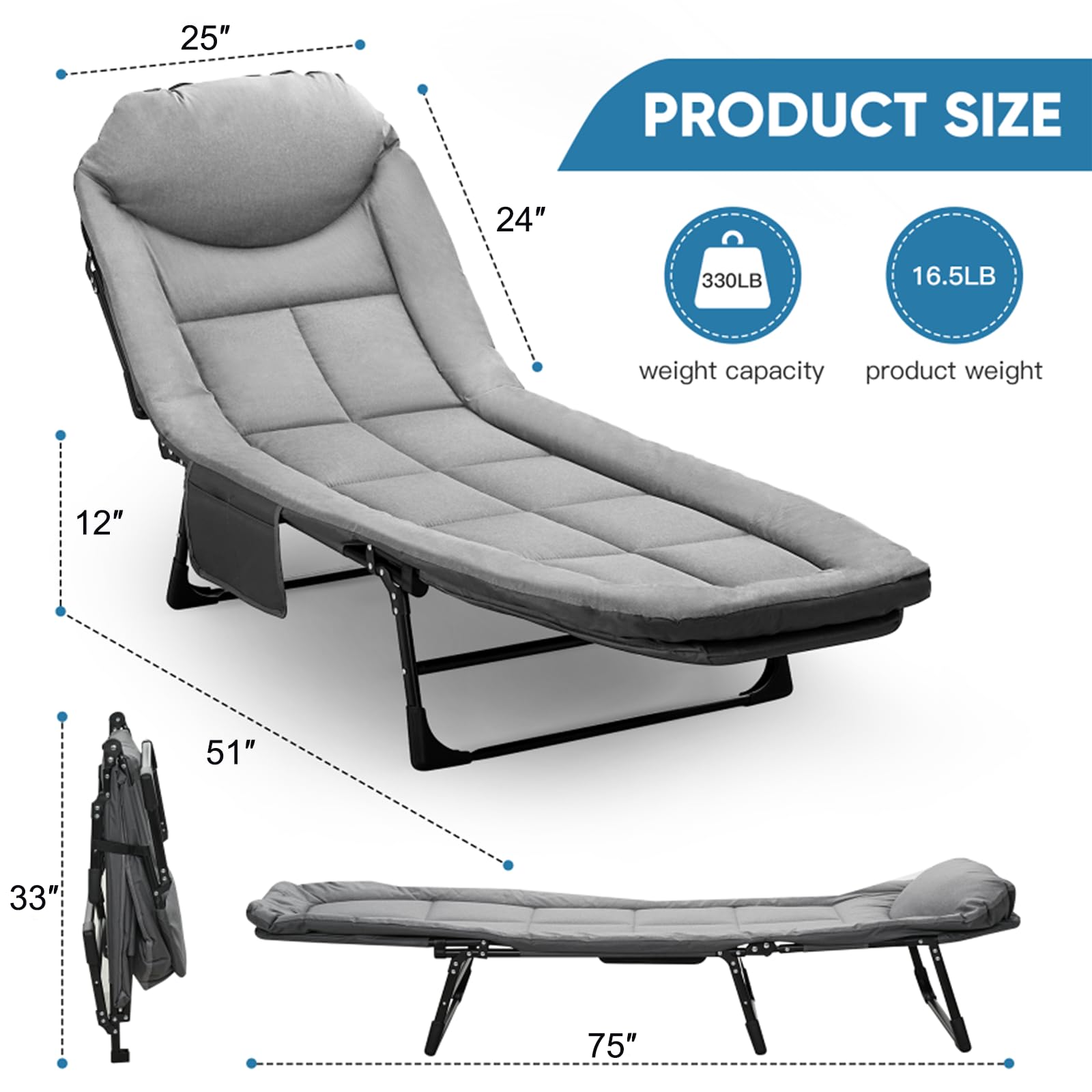STARBRILLIANT Adjustable Folding Chaise Lounge Chair with Mattress, Folding Portable Sleeping Adults Cots Perfect for Sunbathing, Camping, Pool, Beach, Patio (Grey)