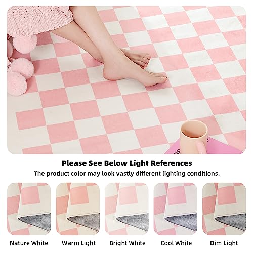 TRUEDAYS Area Rug 5x7 Modern Pink Checkered Rug for Living Room and Bedroom Soft Washable Rug with Non-Slip Backing, Soft Low Pile Checkboard Area Rug Carpet for Indoor Use