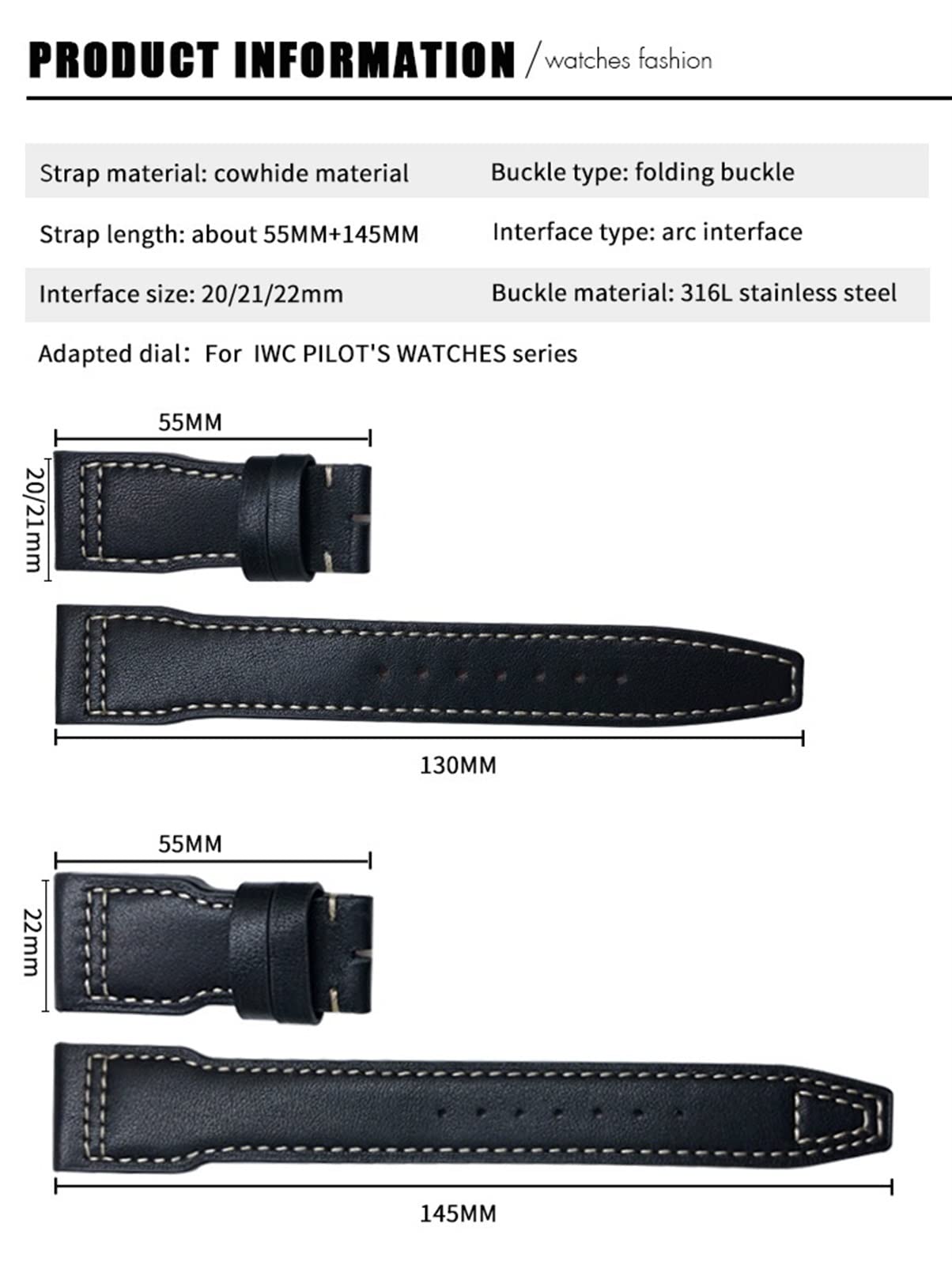 EKINS 20mm Genuine Leather Watchband For IWC Big Pilot Watch Mark 18 Spitfire TOP GUN Hamilton Cowhide Soft Watch Strap (Color : Black Black Rivet 2, Size : Rose Buckle)