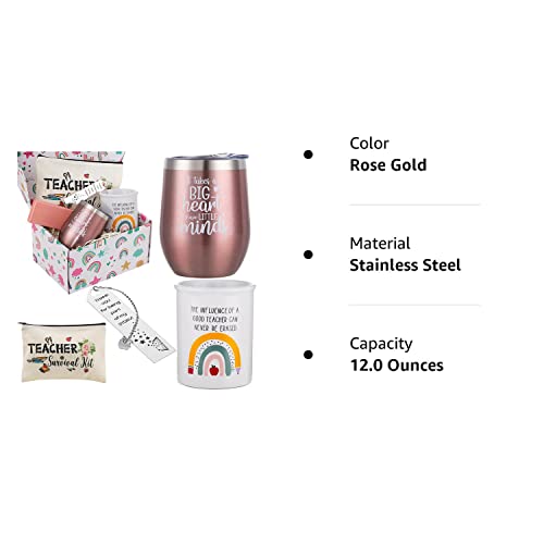 Hereman's Teacher Appreciation Gift Sets -Basket for Women, Back to School Gift, Christmas 12oz Wine Tumbler, Bookmarks, Ceramic Pen Holder, Pouch Bag, Rose Gold