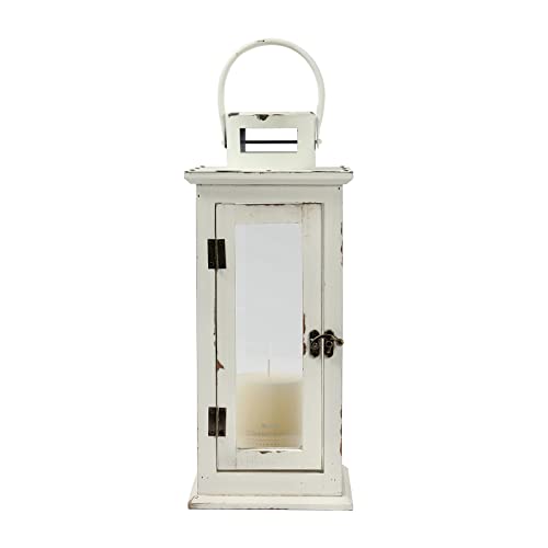 Rustic White Lantern Candle Holder 15In Tall, Hanging Farmhouse Wood Decorative Outdoor Lanterns for Wedding Decor, Hurricane Glass LED Fireplace Table Centerpiece Christmas, Style 1,