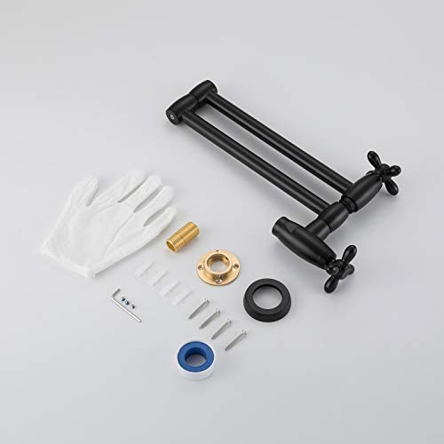 KRUZOO Pot Filler Kitchen Faucet Solid Brass Folding Wall Mount Stretchable Double Joint Swing Arm Single Hole 2 Handles Extending Arm,Matte Black