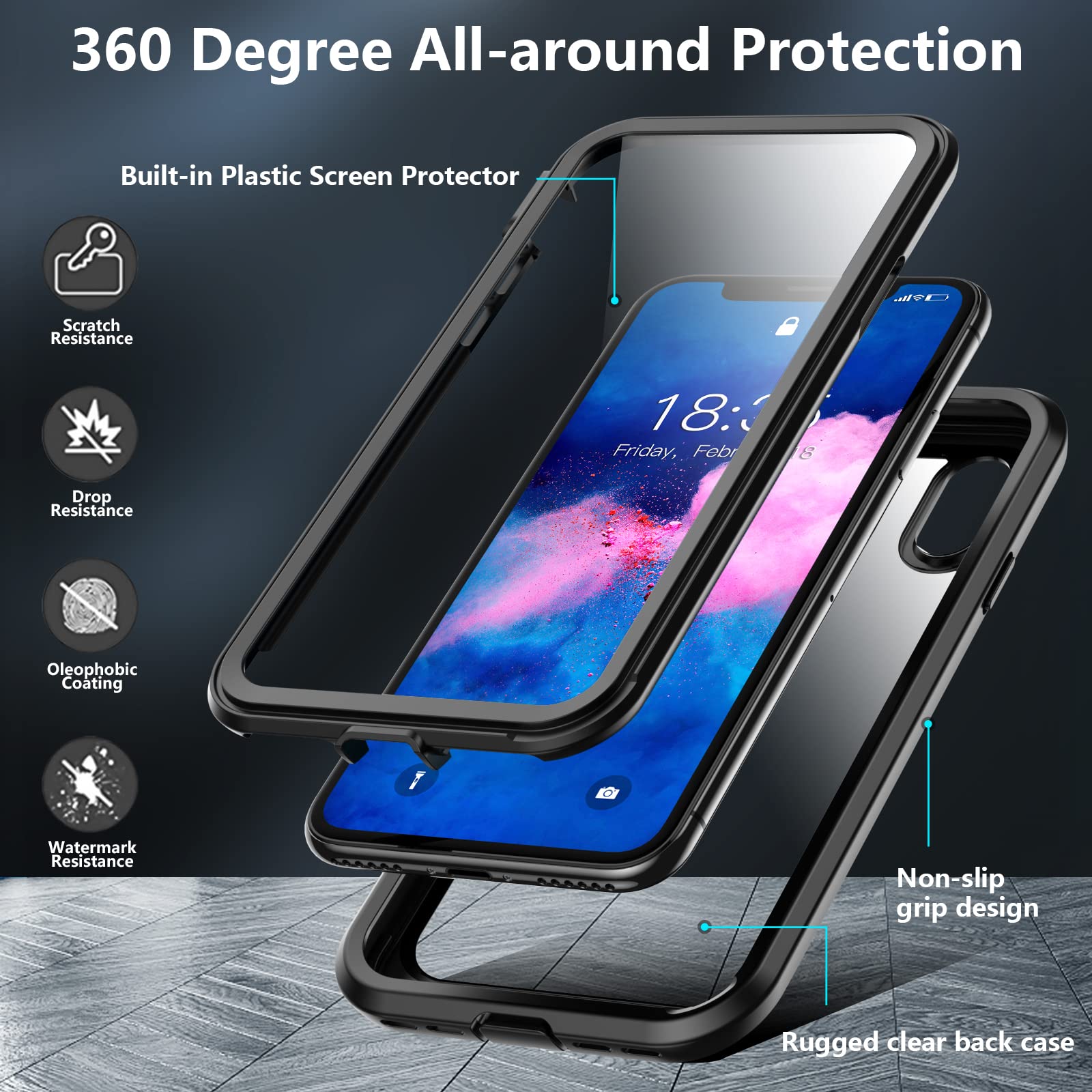 Eonfine for iPhone X Case,for iPhone Xs Case, Built-in Screen Protector Full Body Protection Heavy Duty Shockproof Rugged Cover Skin for iPhone X/Xs 5.8inch (Black/Clear)