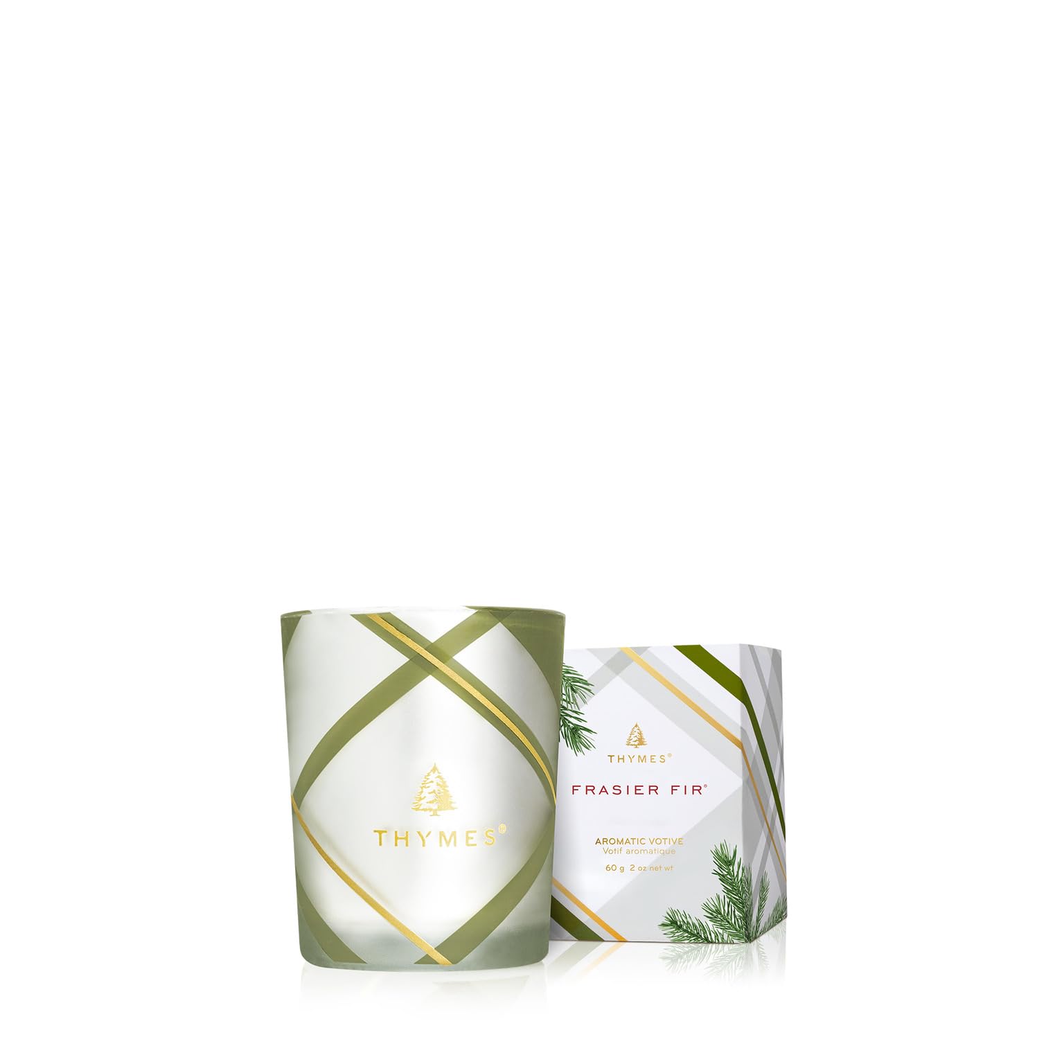 Thymes Frasier Fir Candle – Frosted Plaid Jar Candles – Green & White Candle Jar Design – Scented Candles with Notes of Siberian Fir, Cedarwood & Sandalwood – Holiday Candles – Votive Candles (2 oz)