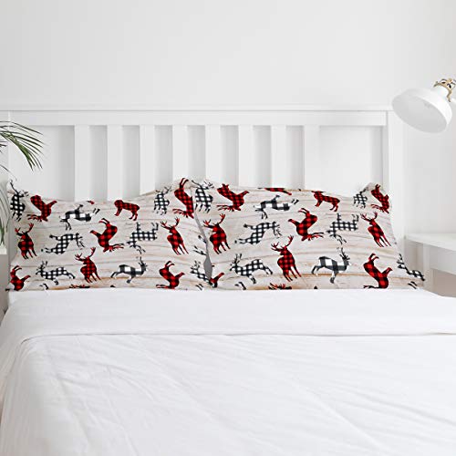 TocaHome Duvet Cover Full Size, 4 Pieces Comforter Cover Set, Christmas Red and Black Lattice Elk on Wood Grain Soft Bedding Sets - 1 Full Duvet Cover, 1 Bed Sheet and 2 Pillowcases