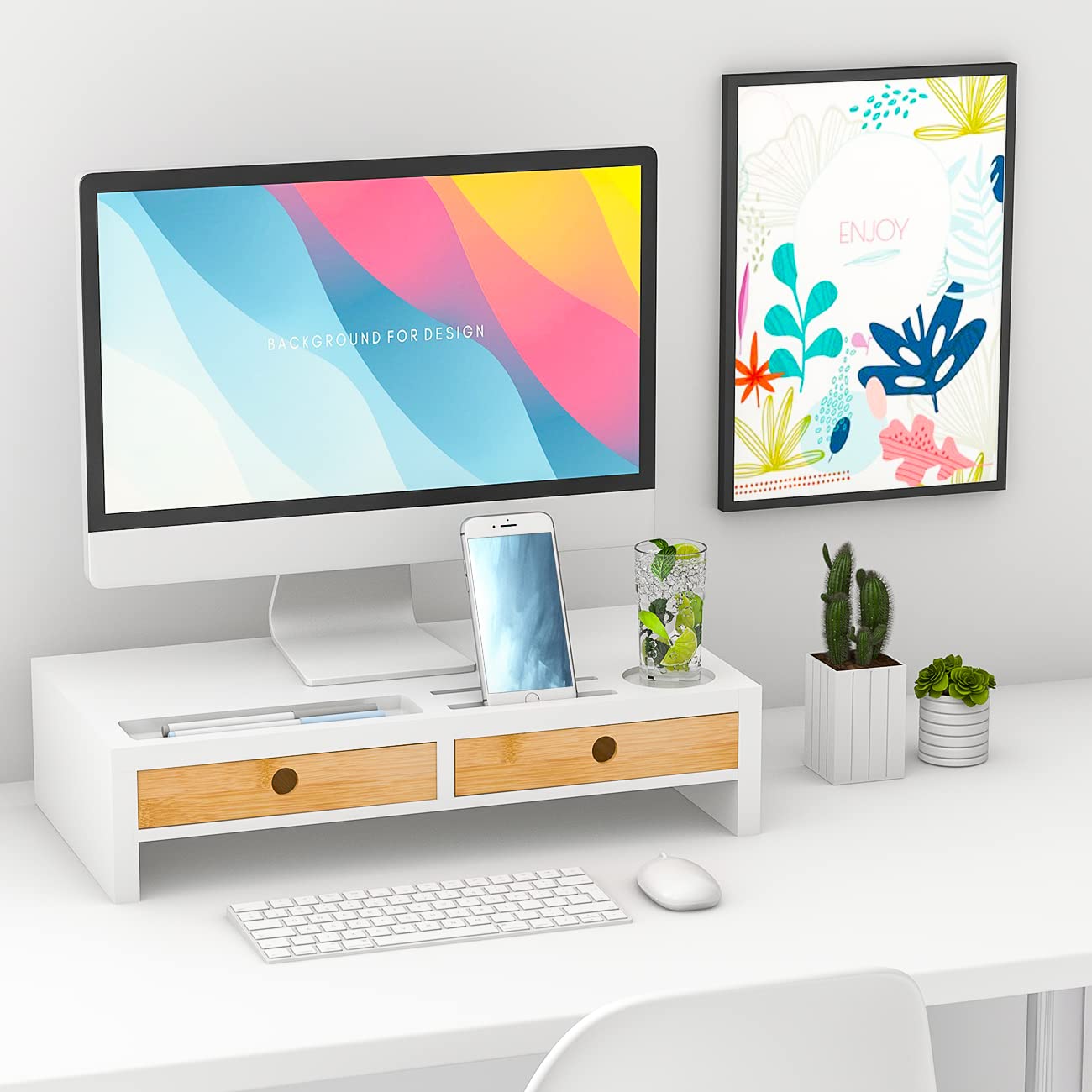 Monitor Stand Riser with Drawer - White Laptop Stand, Bamboo Desktop Shelf Organizer for Computer, TV, Printer, Office Supplies & Accessories with Phone Holder & Cups Slot, No Assembly Needed