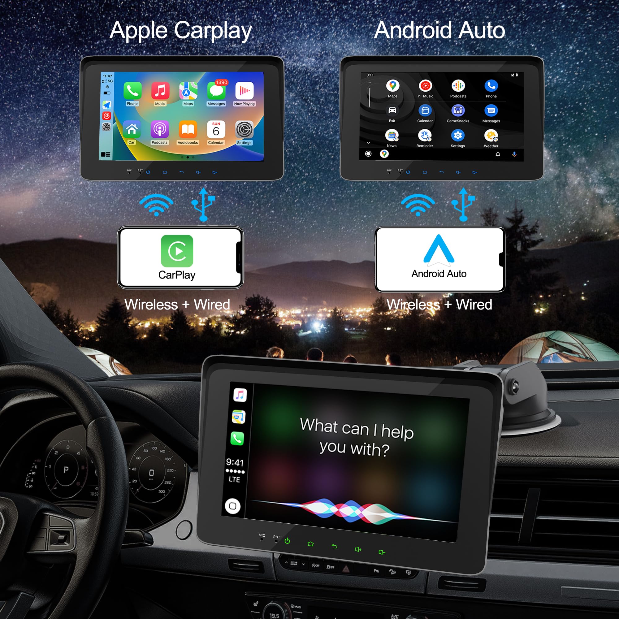 EZHOLF Portable Wireless Carplay Car Stereo with Backup Camera-7" HD IPS Screen, Android Auto, Mirror Link,Siri, Google Assistant, Bluetooth, GPS Navigation Head Unit, Car Radio Receiver, Auto Connect