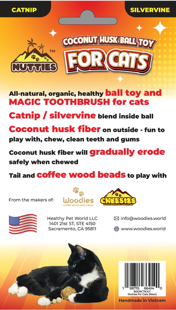Nutties for Cats - New - Catnip/silvervine Inside, Coconut Fiber Ball, Coffee Wood Beads on Tail