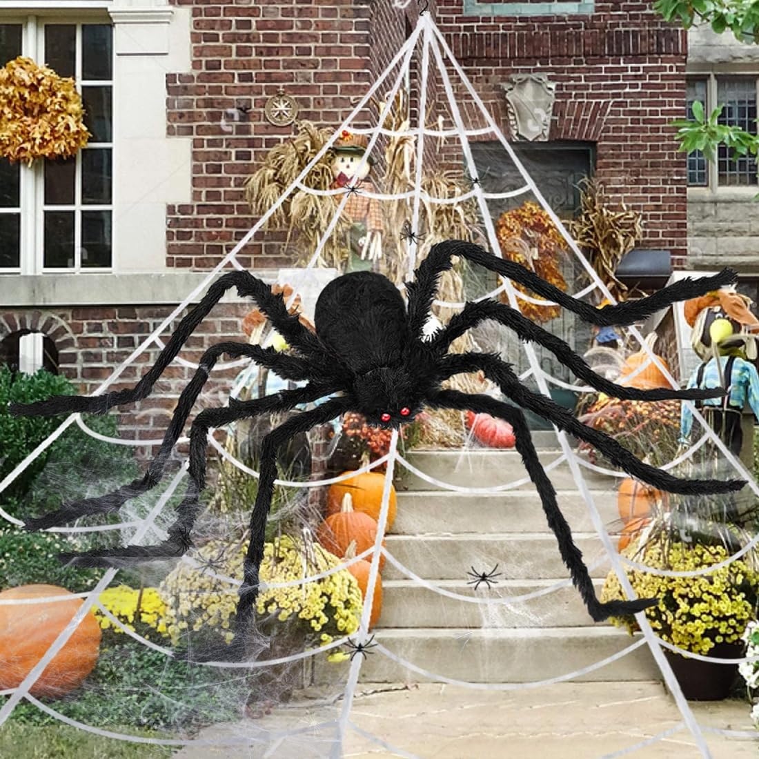 Flyowl Spider Web Halloween Decorations,236" Spider Web+ 50" Giant Spider Decorations Fake Spider with Triangular Huge Spider Web for Indoor Outdoor Halloween Decorations Yard Home Haunted House Decor