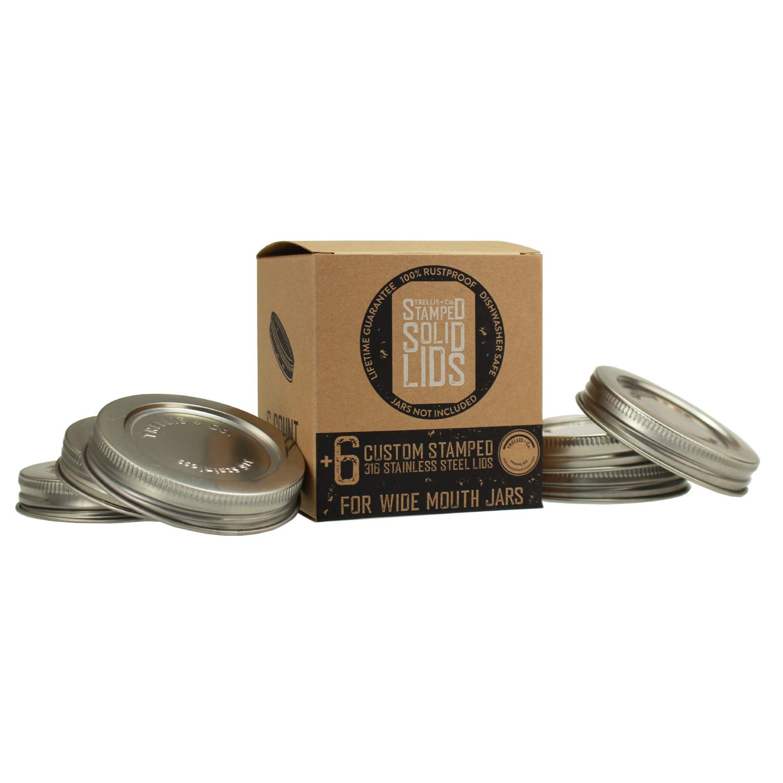 Trellis + Co. 316 Stainless Steel Wide Mouth Mason Jar Lids - 12 Pack - for Storage, Dry Goods, Pickling, Gifts - Durable & Rustproof - Mason Jar Tops