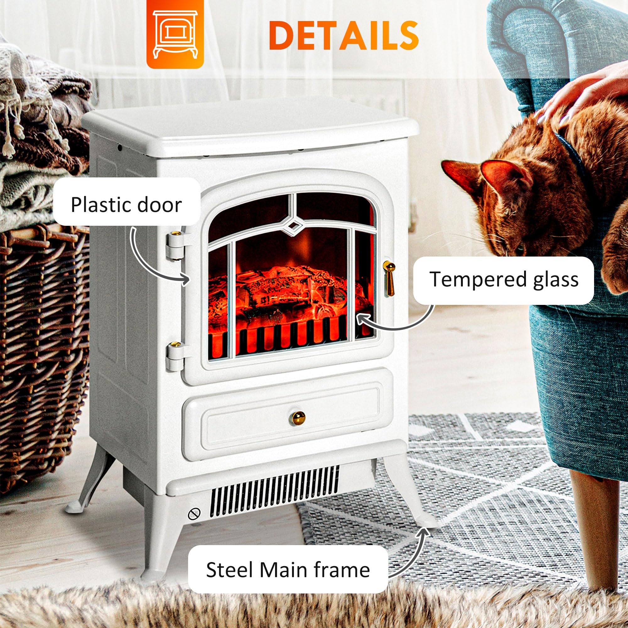 HOMCOM 22" Electric Fireplace Heater, Freestanding Fire Place Stove with Realistic LED Flames and Logs, and Overheating Protection, 750W/1500W, White