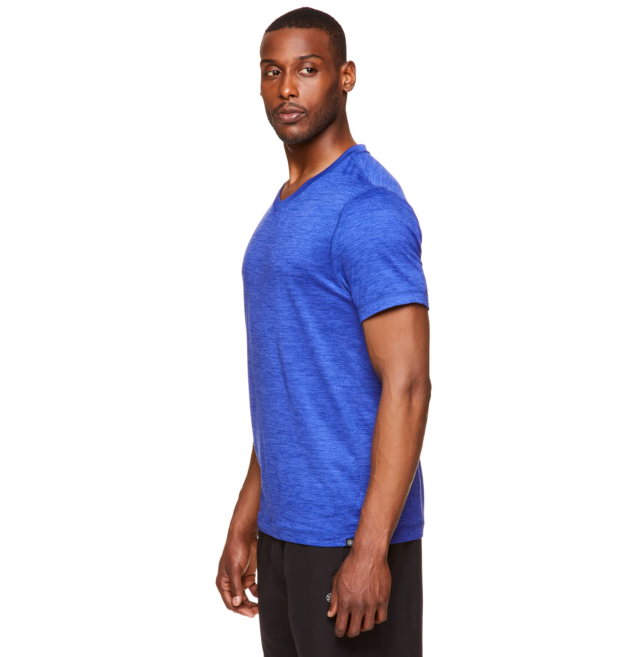 Gaiam Men's V-Neck Yoga T-Shirt - Moisture Wicking Gym Training and Workout Shirt - Everyday Blue Heather, Medium