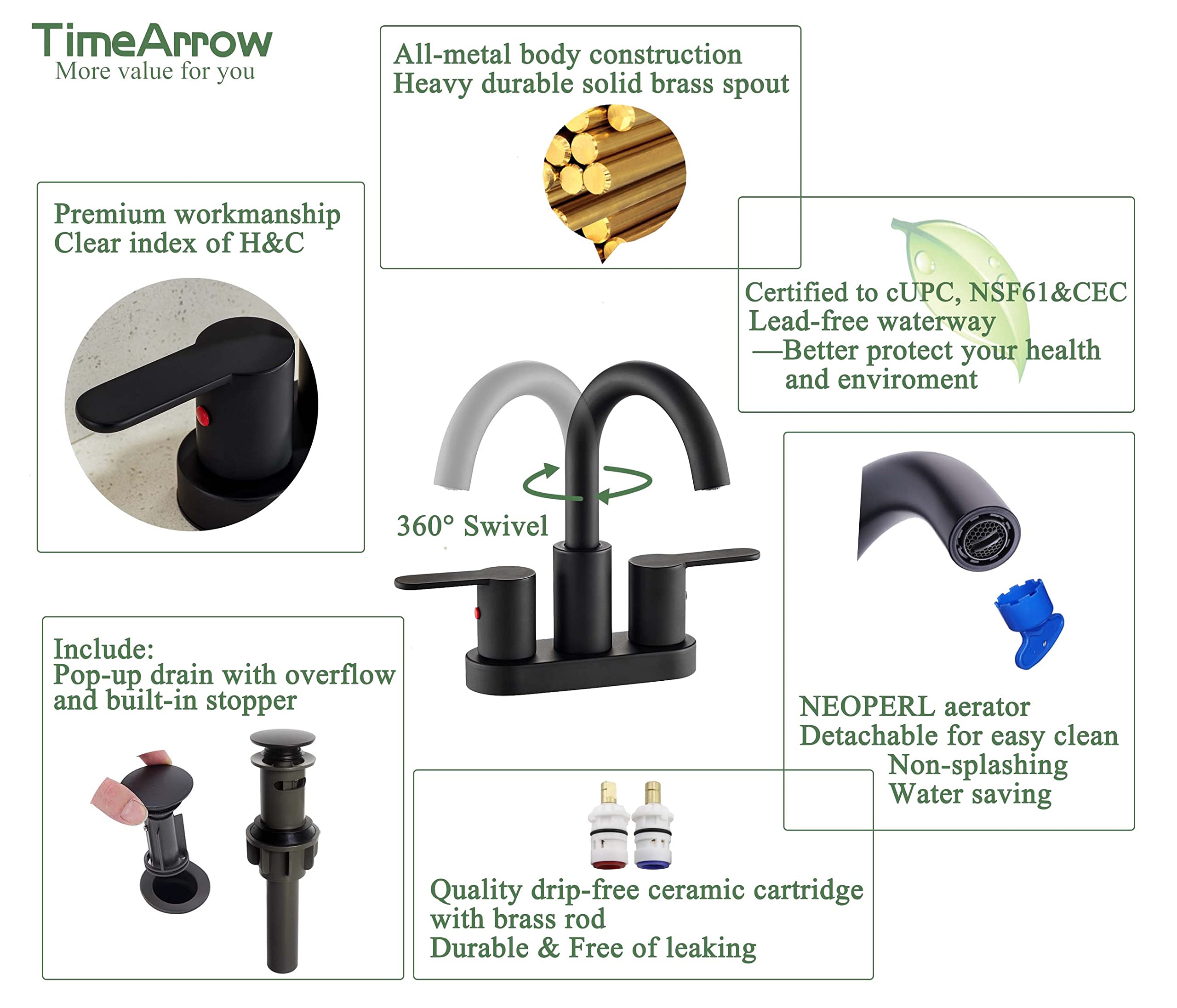 TimeArrow Matte Black Two Handle Centerset Bathroom Sink Faucet with Pop up Drain, High Arc Modern 4 Inch Bathroom Vanity Lavatory Faucet 3 Holes with Brass 360° Swivel Spout, TAF067E-MB