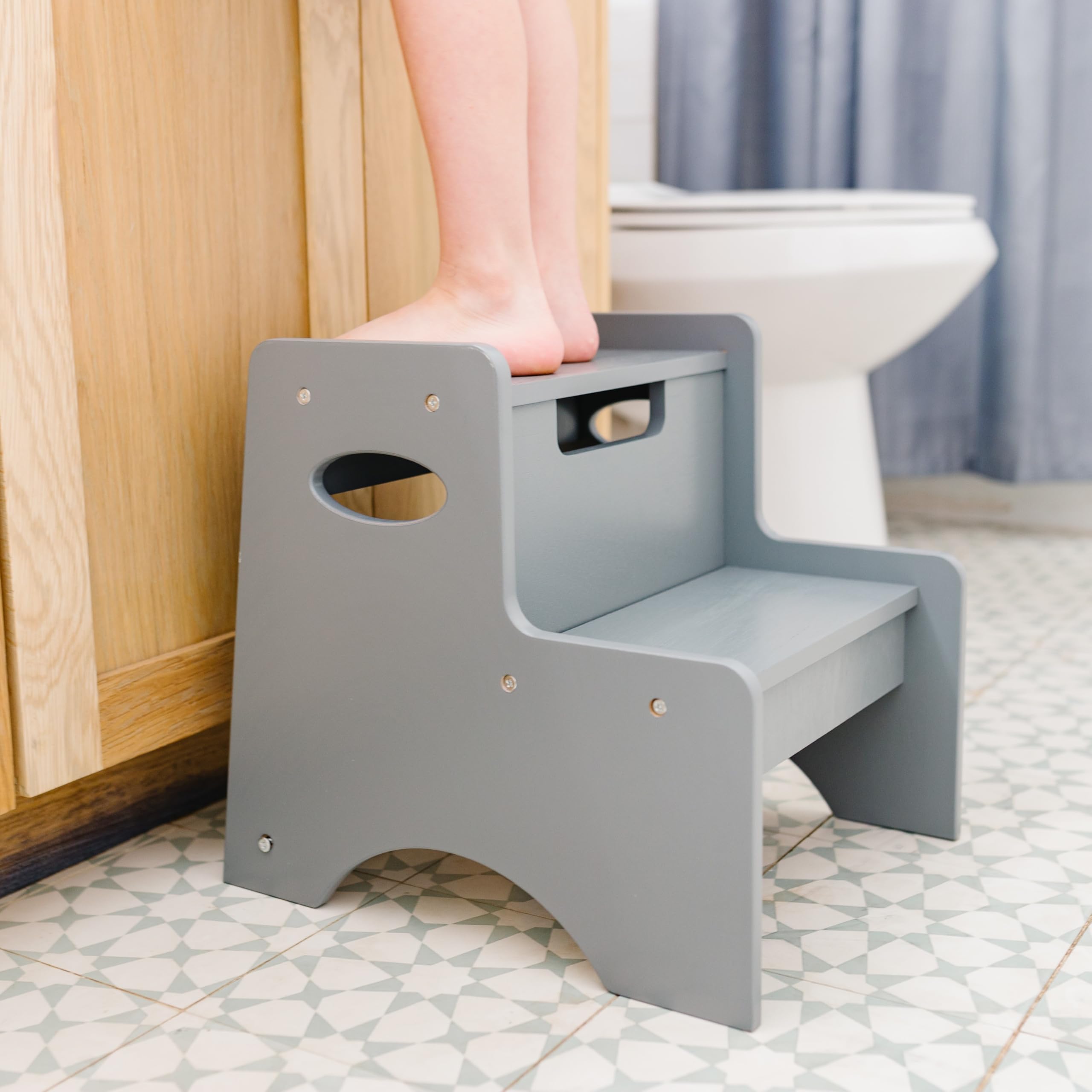Wildkin Wooden Two-Step Stool for Kids and Adults, Perfect Kitchen Step Stool or Bathroom Potty Stool, Kids Stepping Stool Features Two Convenient Carrying Handles, Ideal for Home Use (Gray)