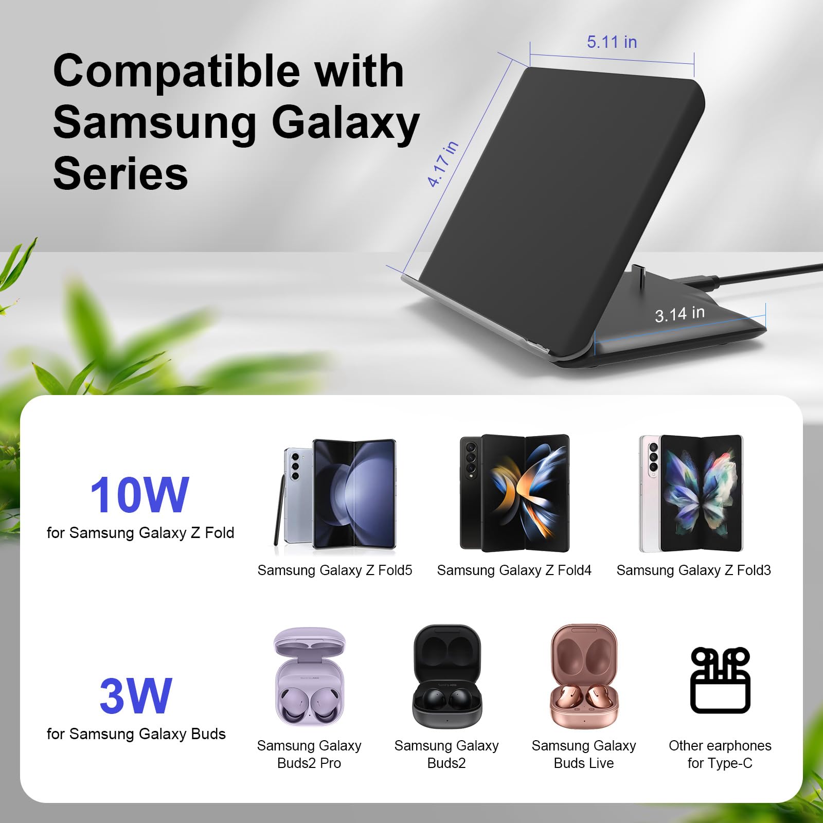Geyo for Samsung Galaxy Z-Fold Wireless Charger: 2 in 1 Fast Wireless Charging Station for Samsung Galaxy Z Fold 5/4/3, 3-Coils Charging Stand for Galaxy Buds 2/2 Pro/Live, Black(PD Adapter Included)